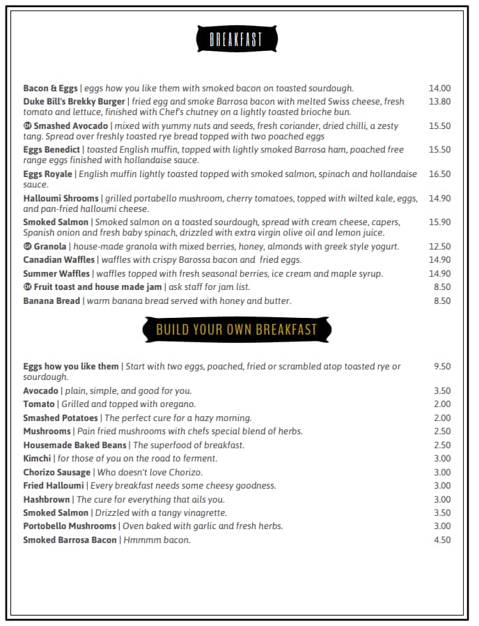 Menu at Duke of Brunswick Hotel pub & bar, Adelaide