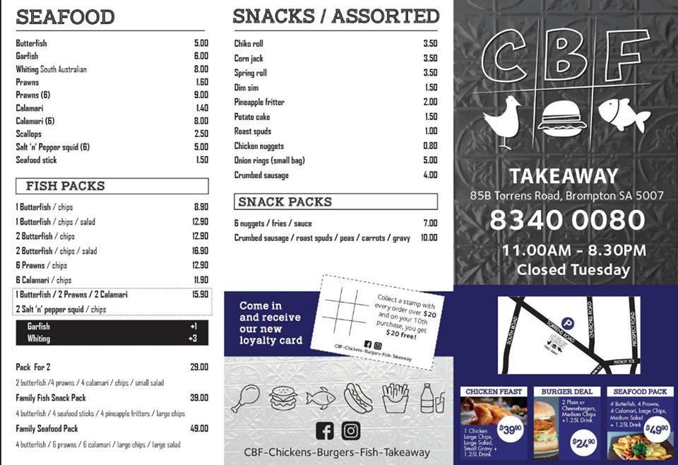 Menu at CBF Chickens Burgers Fish Takeaway restaurant, Adelaide