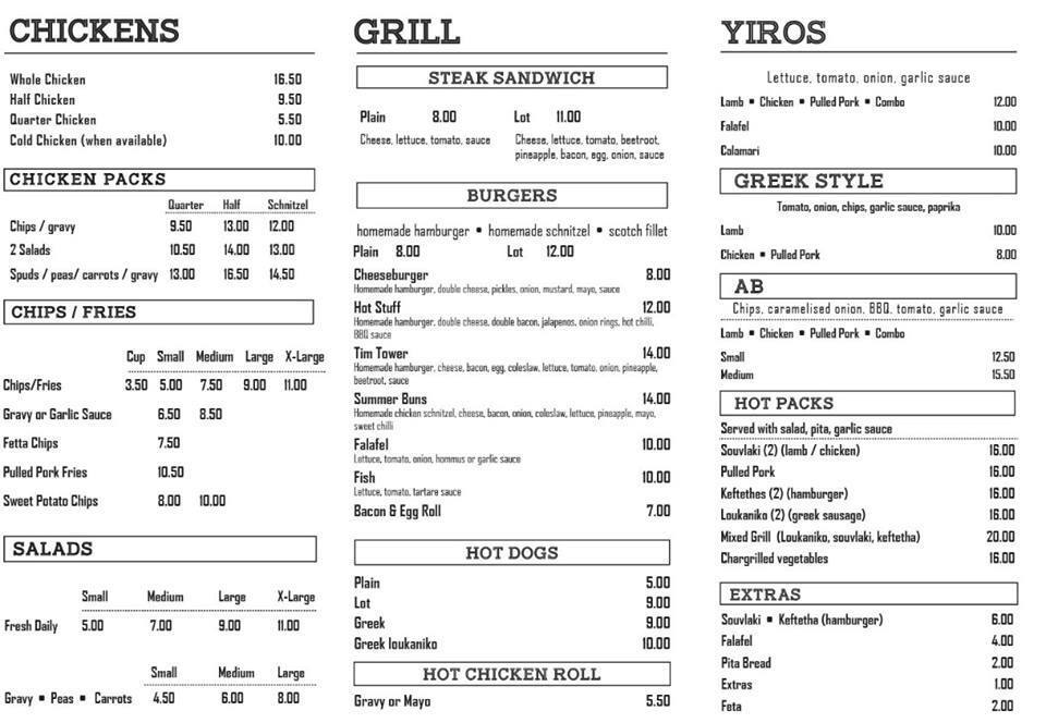 Menu at CBF Chickens Burgers Fish Takeaway restaurant, Adelaide