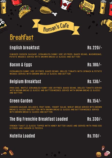 Menu of Romans Cafe, Indiranagar, Bangalore