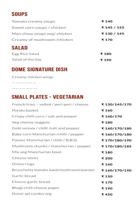 Menu of The Dome Cafe, Yelahanka, Bangalore