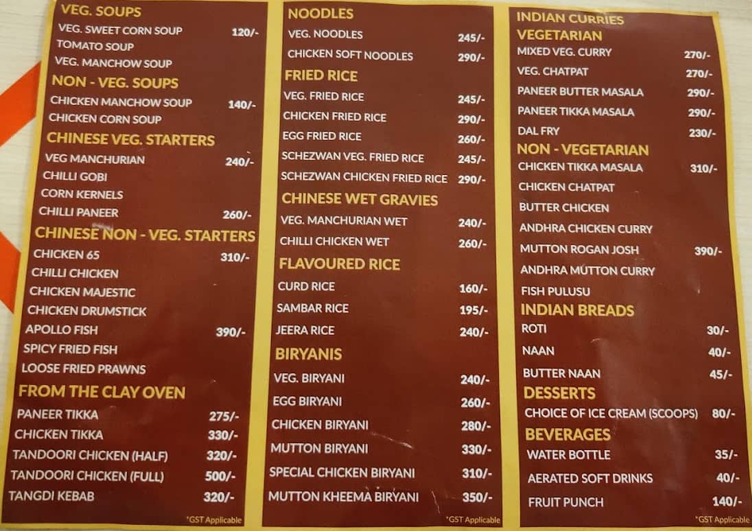 Menu of Hotel Shubham Celebrations, Kompally, Hyderabad