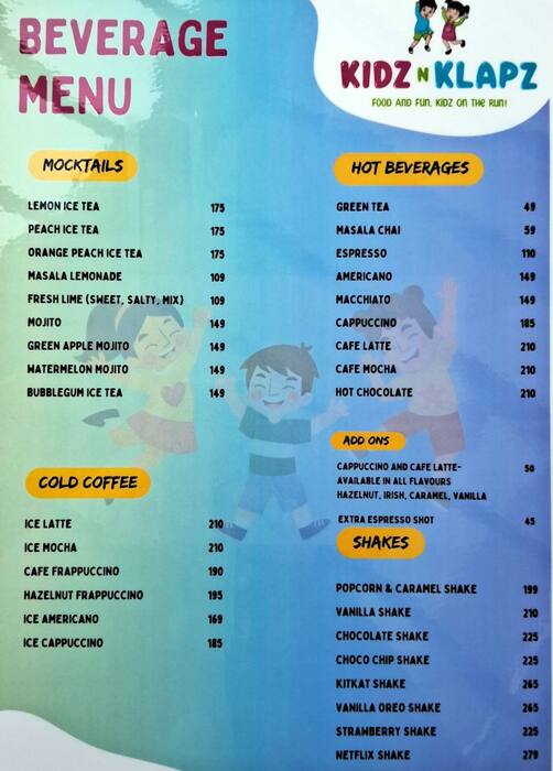 Menu of Kidz N Klapz, Sector 69, Gurgaon