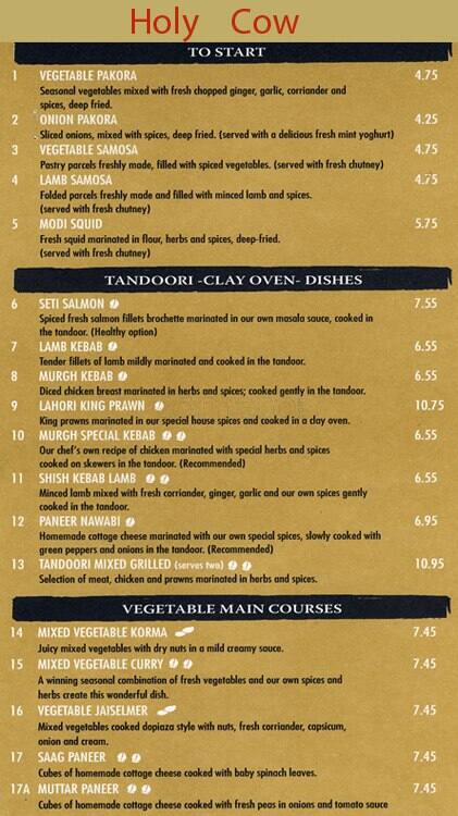 Menu at Holy Cow - Fine Indian Food - Indian Takeaway in Archway ...