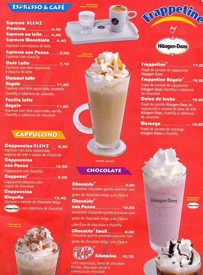 Menu at Blenz Café, São Paulo, R. Treze de Maio