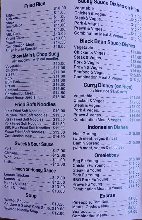 Menu at Smart Horse Takeaways restaurant, Auckland