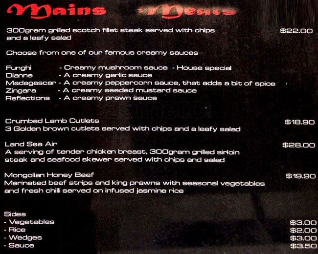 Menu at Reflections Cafe, Liverpool