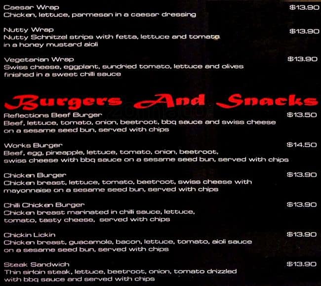 Menu at Reflections Cafe, Liverpool