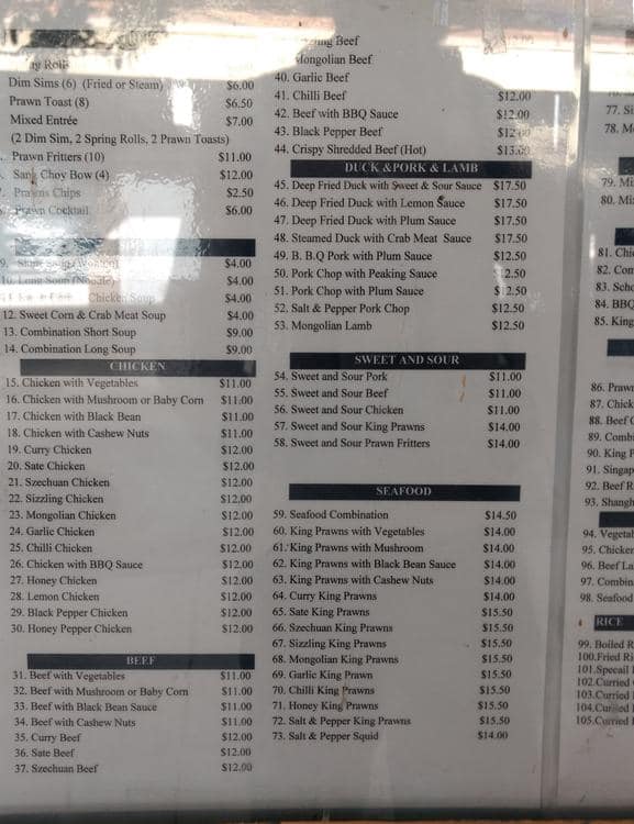 Menu at Ming Wah restaurant, Ermington