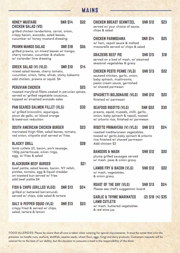 Menu at Blackburn Hotel restaurant, Blackburn, 111 Whitehorse Rd