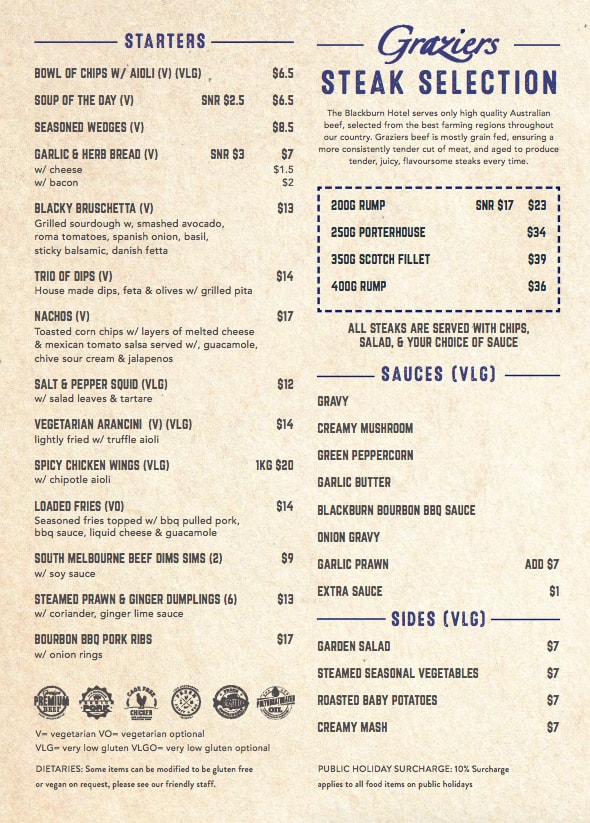 Menu at Blackburn Hotel restaurant, Blackburn, 111 Whitehorse Rd