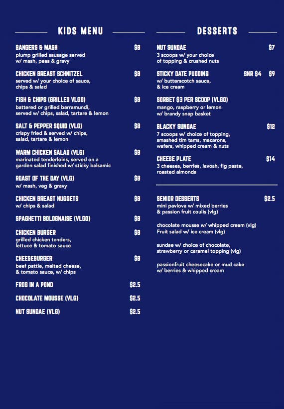 Menu at Blackburn Hotel restaurant, Blackburn, 111 Whitehorse Rd