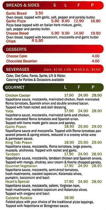 Menu at Hearts Pizzeria, Cumberland Park