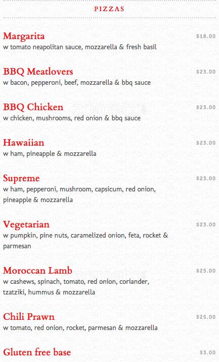 Menu at Lolas Broadbeach pizzeria, Broadbeach