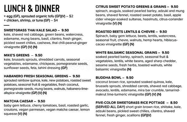 Menu at Sweetgrass Food Co. pub & bar, Seattle, 7th Ave