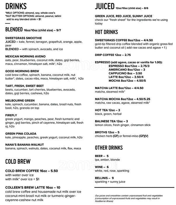 Menu at Sweetgrass Food Co. pub & bar, Seattle, 7th Ave