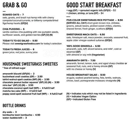 Menu at Sweetgrass Food Co. pub & bar, Seattle, 7th Ave