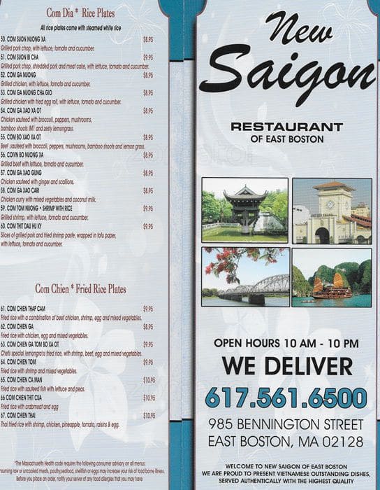 Menu at New Saigon restaurant, Boston