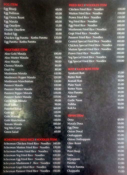 Menu at Central Restaurant, Chennai, 32