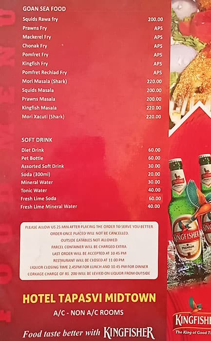 Menu at Hotel Tapasvi Midtown, Reis Magos