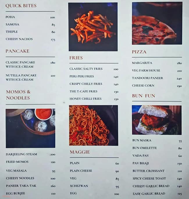 Menu of The T Cafe, Indiranagar, Bangalore