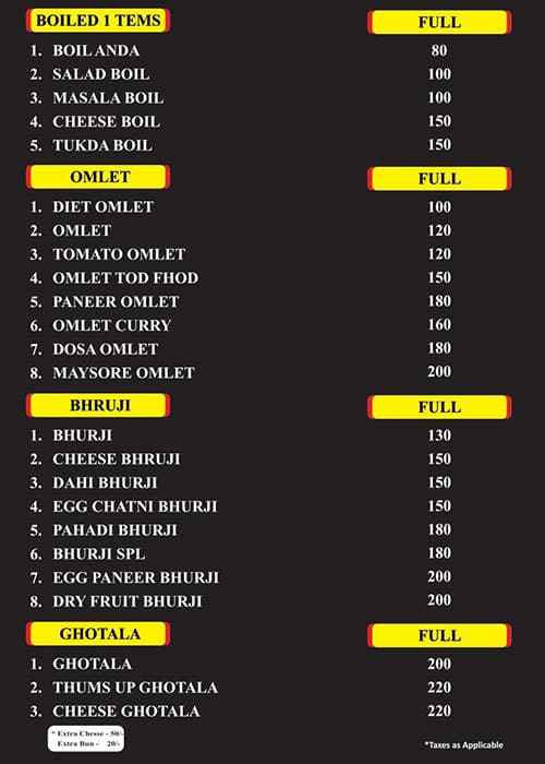 Menu of Egg Joint, Khar, Mumbai