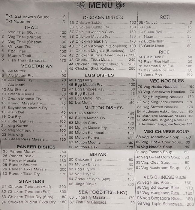 Menu of Hotel Priya, Santacruz East, Mumbai