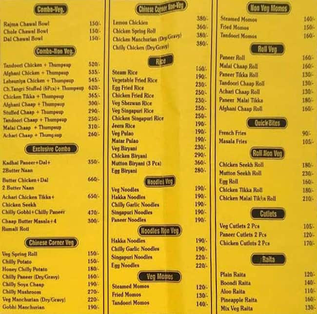 Menu of The Chillies, Sector 58, Noida