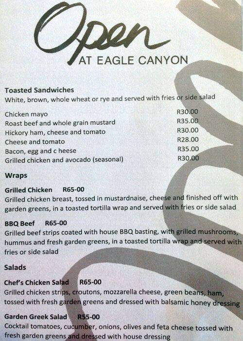 Menu at Eagle Canyon Bar, Randburg