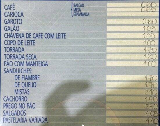 Menu at Camacha cafe, Lisbon