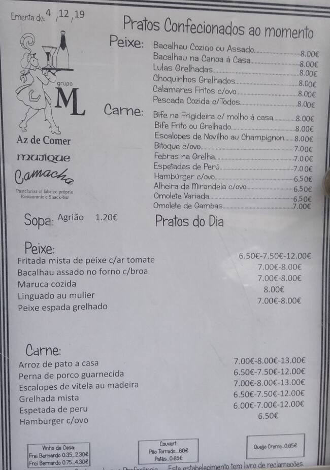 Menu at Camacha cafe, Lisbon