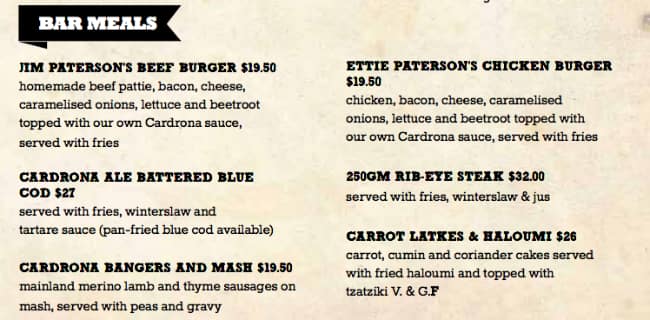 Menu at Cardrona Hotel Restaurant & Bar, Queenstown