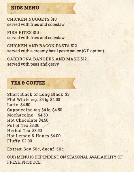 Menu at Cardrona Hotel Restaurant & Bar, Queenstown