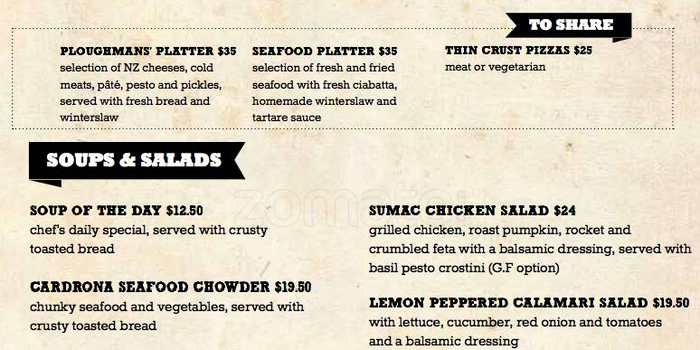 Menu at Cardrona Hotel Restaurant & Bar, Queenstown