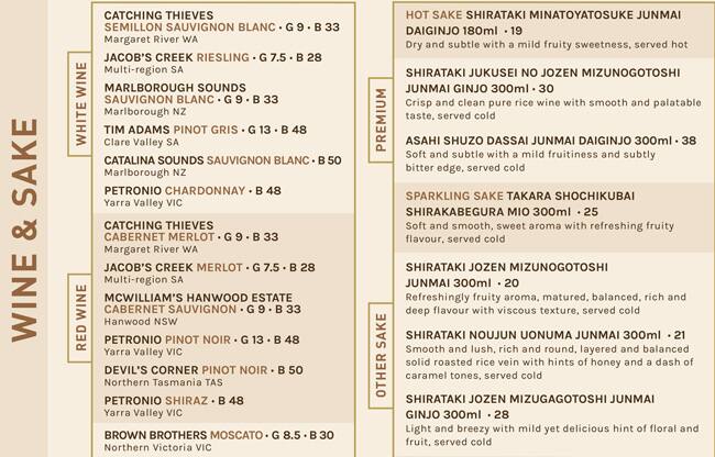 Menu at Gaijin Japanese Fusion restaurant, South Yarra