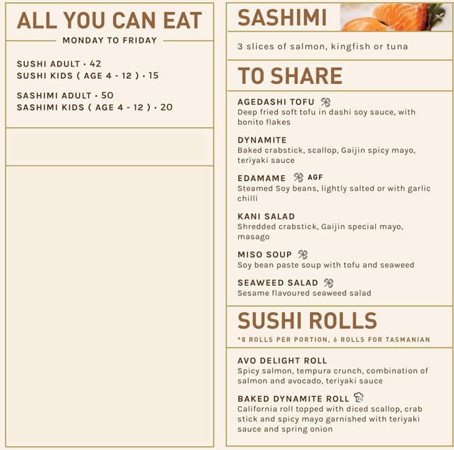 Menu at Gaijin Japanese Fusion restaurant, South Yarra