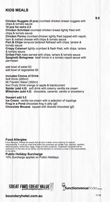 Carta del restaurante Boundary Hotel, Bentleigh East