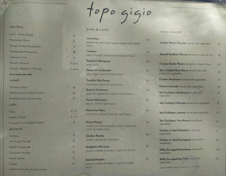 Menu at Topo Gigio restaurant, Toorak