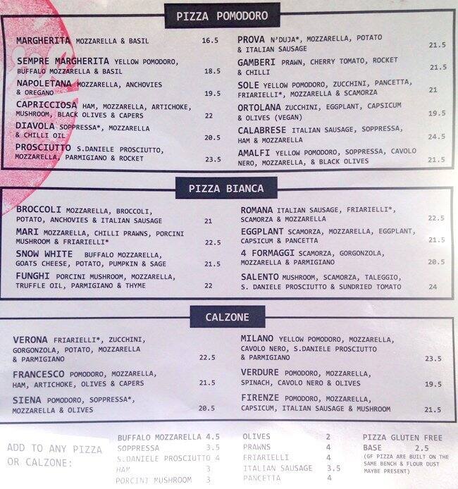 Menu at Sempre Pizza & Calzone restaurant, Melbourne