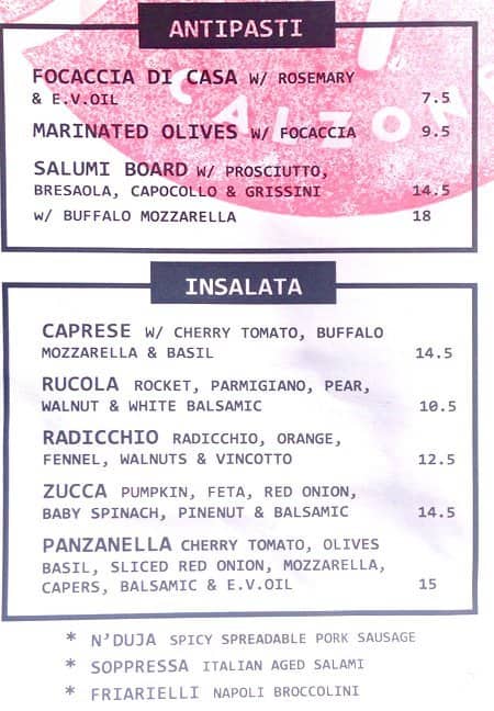 Menu at Sempre Pizza & Calzone restaurant, Melbourne