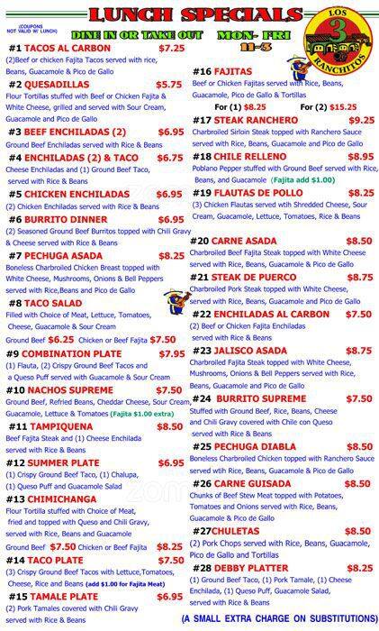 Carta del restaurante Los 3 Ranchitos, The Woodlands, Kuykendahl Rd ...