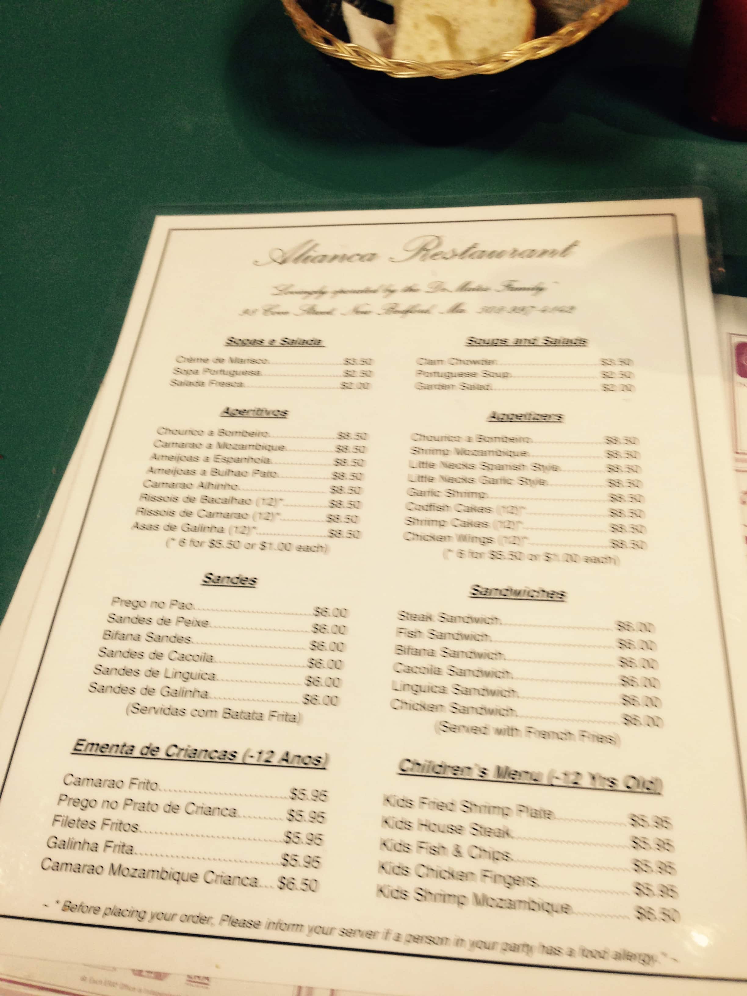 Menu at Alianca Restaurant, New Bedford, 98 Cove St