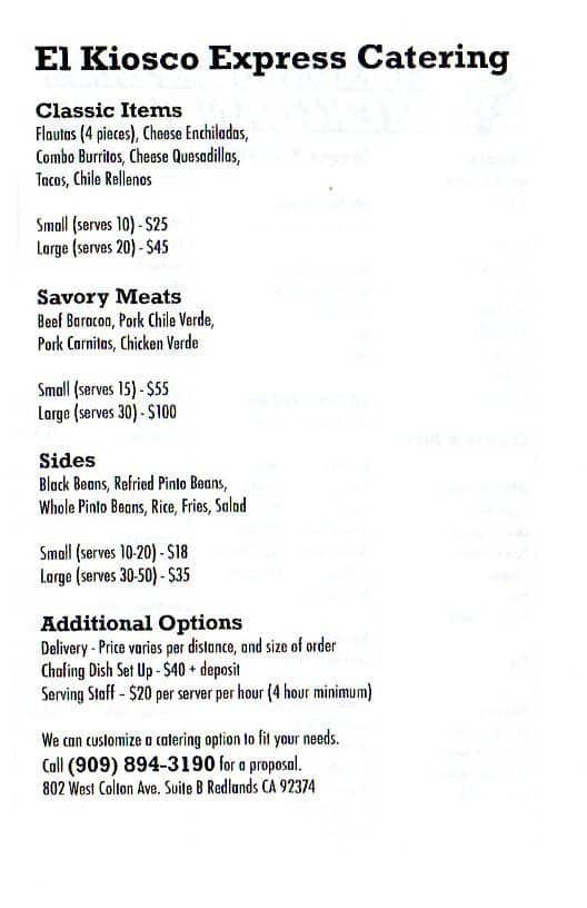 Menu at El Kiosco Express restaurant, Redlands