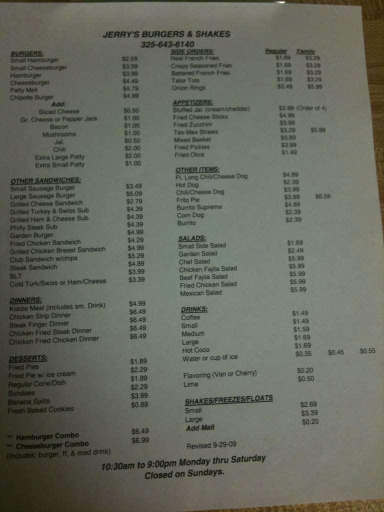 Menu at Jerry's Burgers & Shakes restaurant, Early