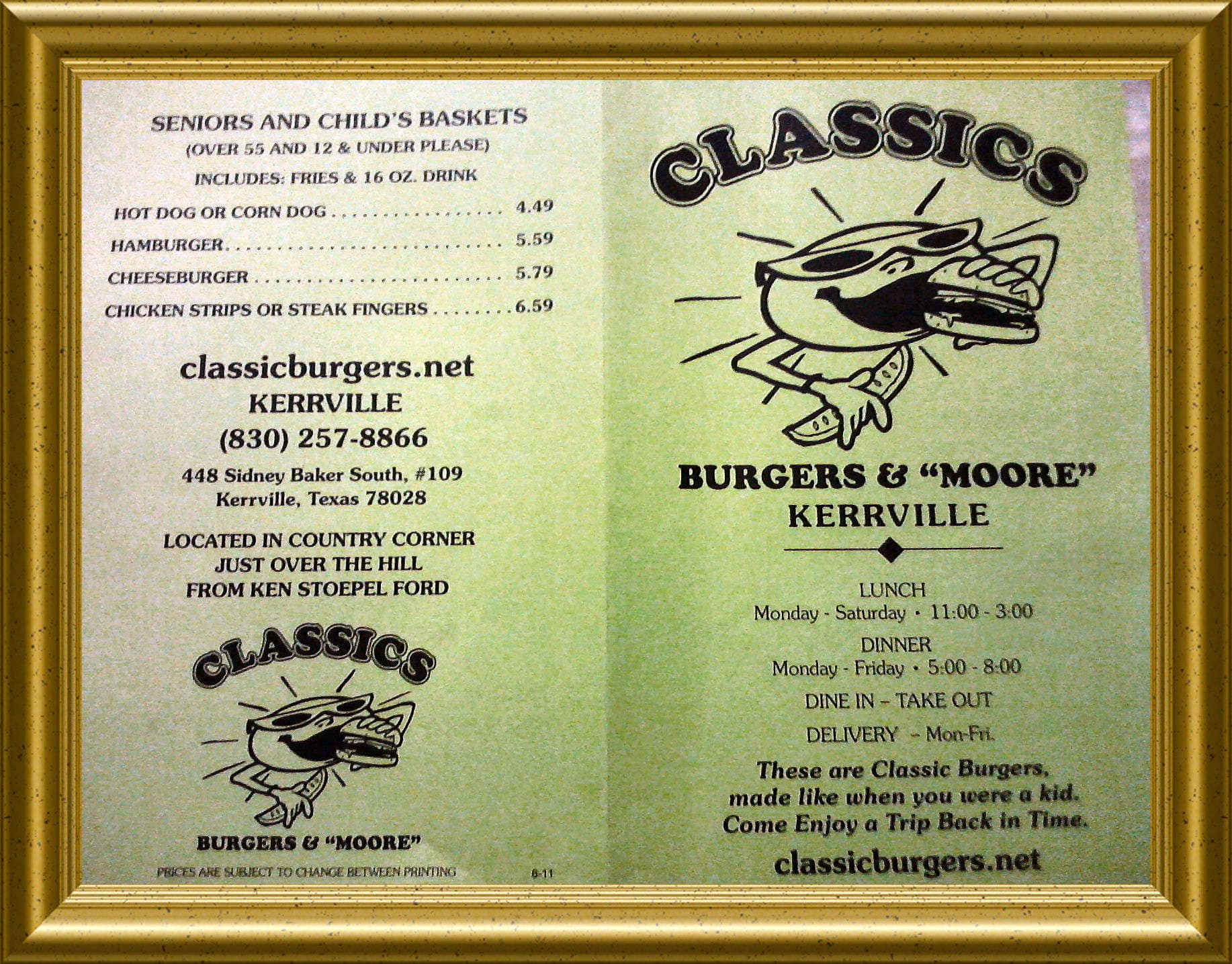 Menu at Classics Burgers & Moore restaurant, Kerrville