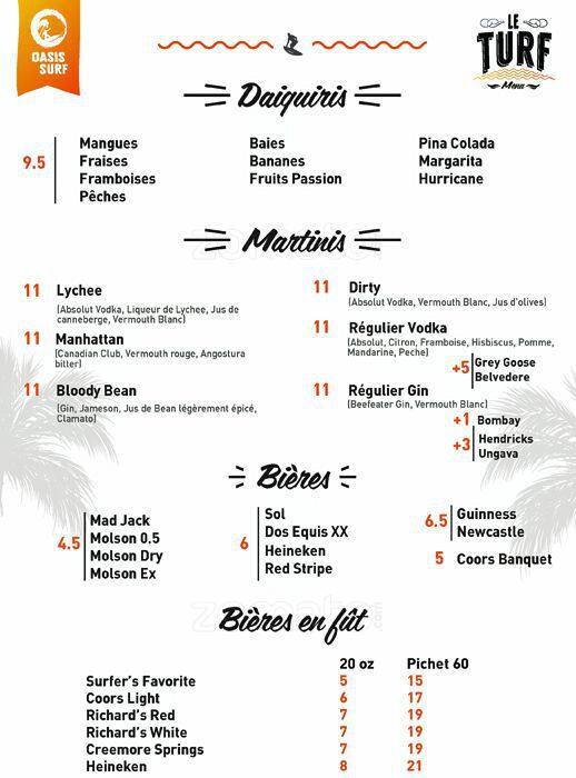 Menu at Resto-bar Le Turf @Oasis Surf, Brossard