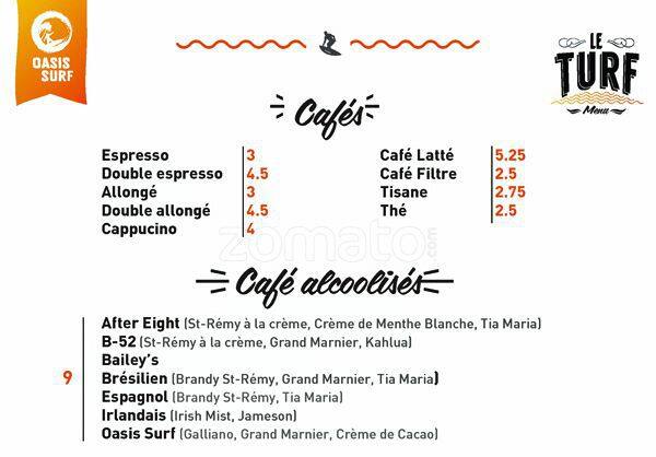 Menu at Resto-bar Le Turf @Oasis Surf, Brossard