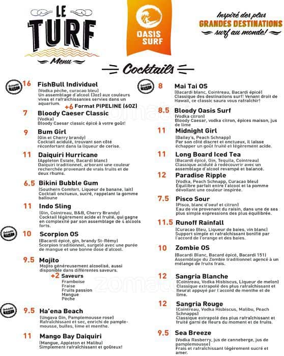 Menu at Resto-bar Le Turf @Oasis Surf, Brossard