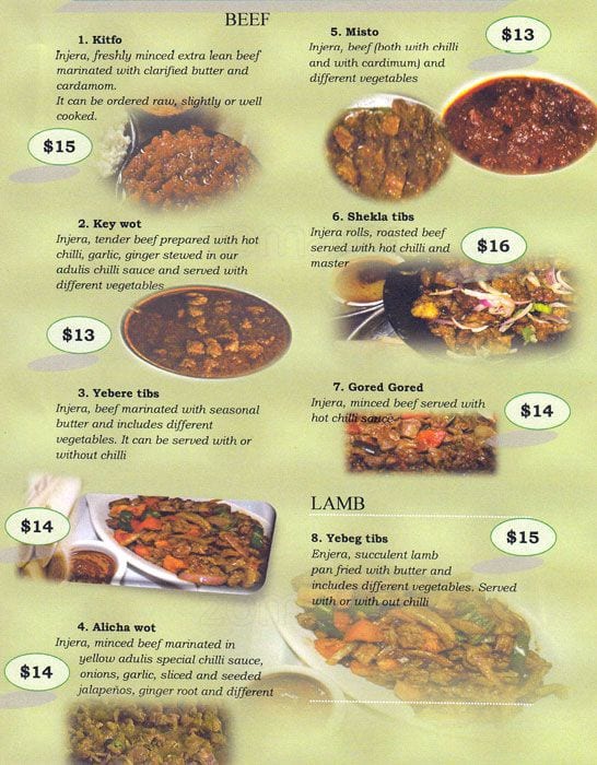 Menu at Adulis restaurant, Woodville