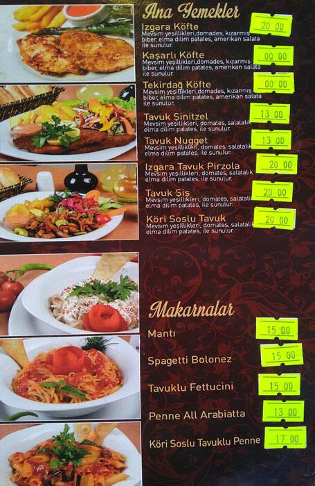 Menu at Metropol Pasta, Istanbul